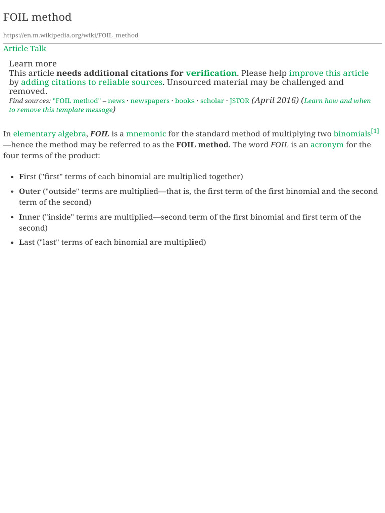 FOIL Method - Wikipedia+ (28-8-23) | PDF | Mathematics | Algebra
