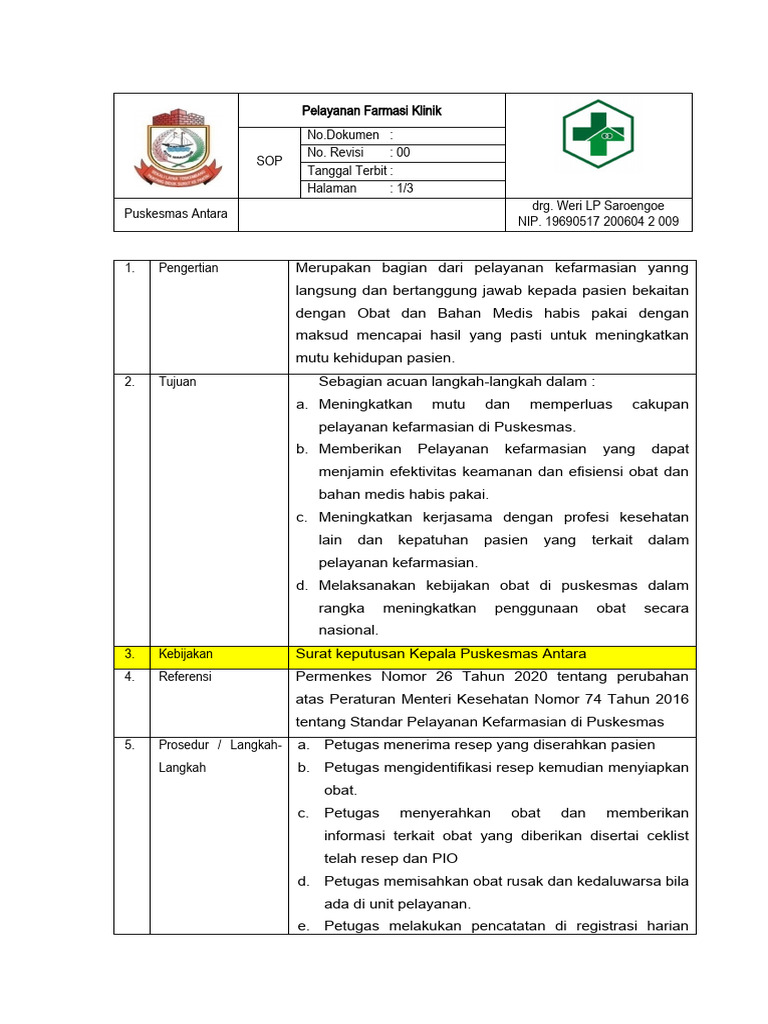SOP Pelayanan Farmasi Klinik | PDF