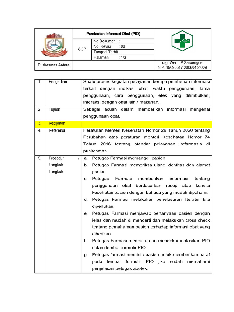 SOP Pemberian Informasi Obat (PIO) | PDF