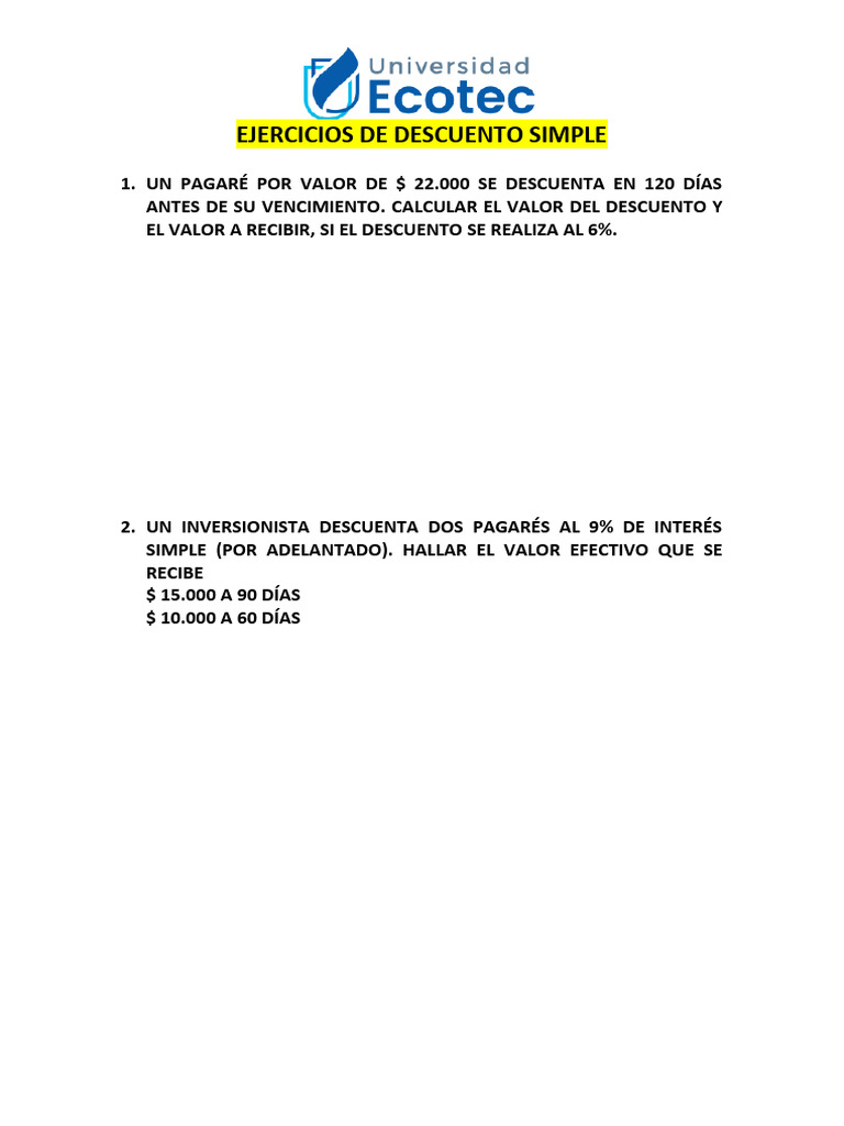 EJERCICIOS Descuento Simple | PDF