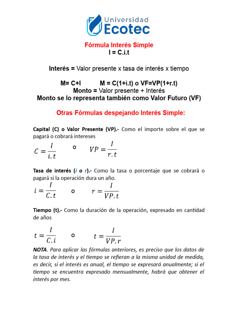 Fórmulas de Interés Simple | PDF