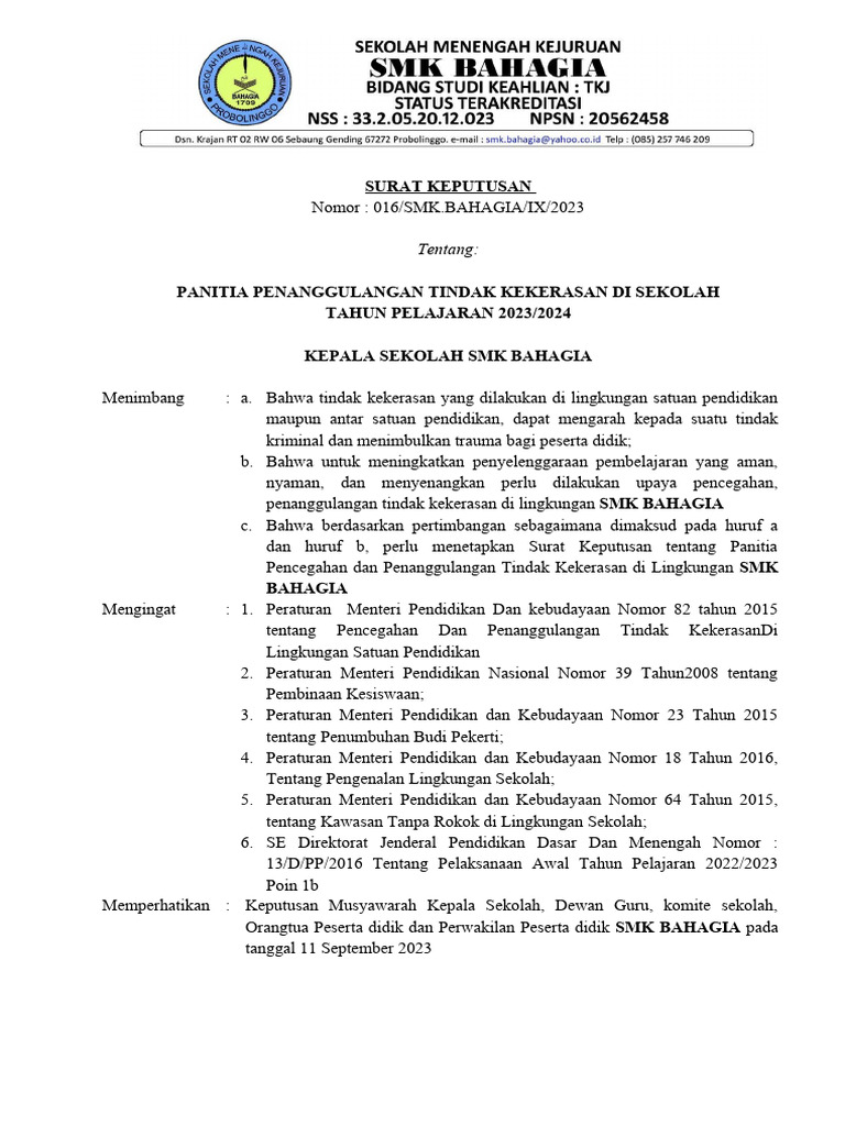 SK Panitia Sekolah Aman | PDF
