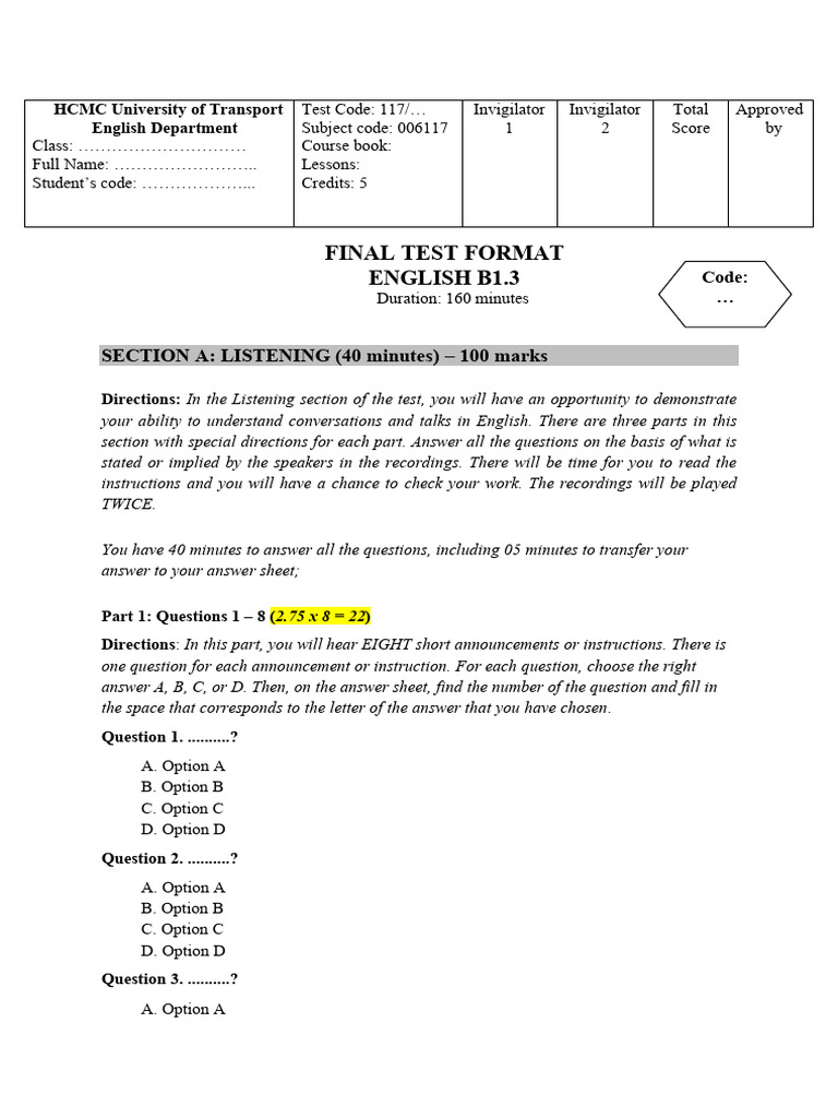 B1.3 English Final Test Format | PDF | Human Communication | Communication