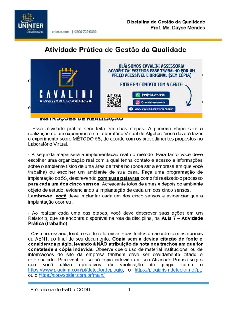 Atividade Prática de Gestão de Qualidade - Uninter | PDF