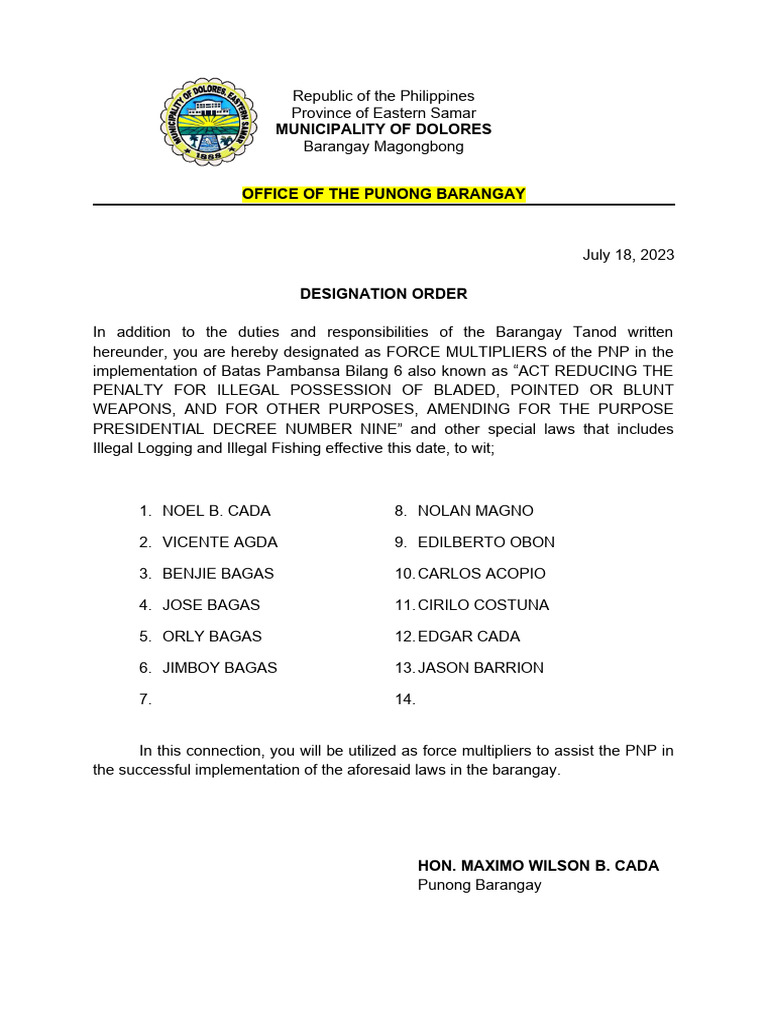 Sample Designation Order of Brgy. Tanod | PDF