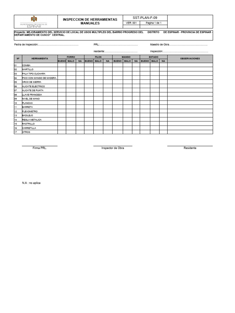 Formato 09-Inspeccion de Herramientas Manuales | PDF | Herramientas ... Formato 09-Inspeccion de Herramientas Manuales | PDF | Herramientas ...
