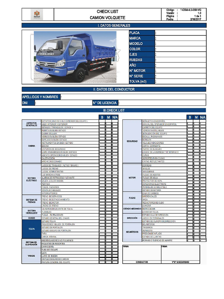 Check List de Volquete Hubday Orig. | PDF