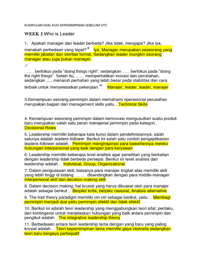 KUMPULAN SOAL KUIS KEPEMIMPINAN SEBELUM UTS-dikonversi | PDF