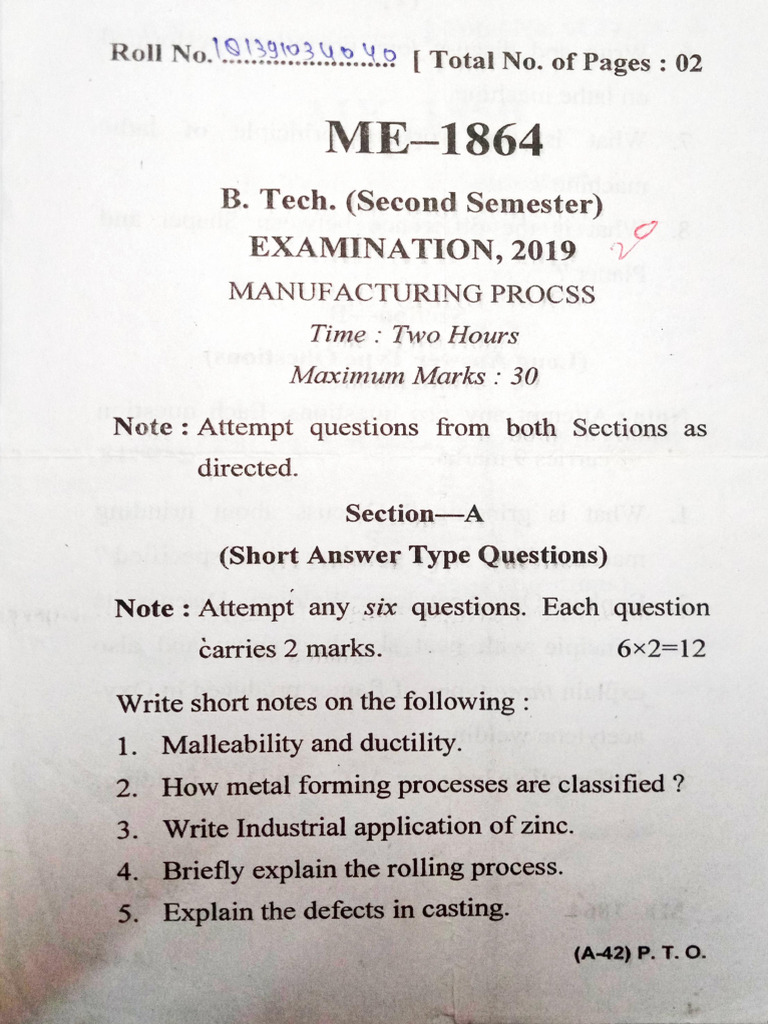 Manufacturing Process Btech Semester Papers | PDF