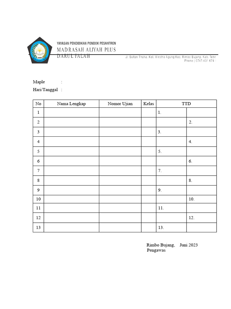 Daftar Absen Ujian Madrasah Juni 2023 | PDF