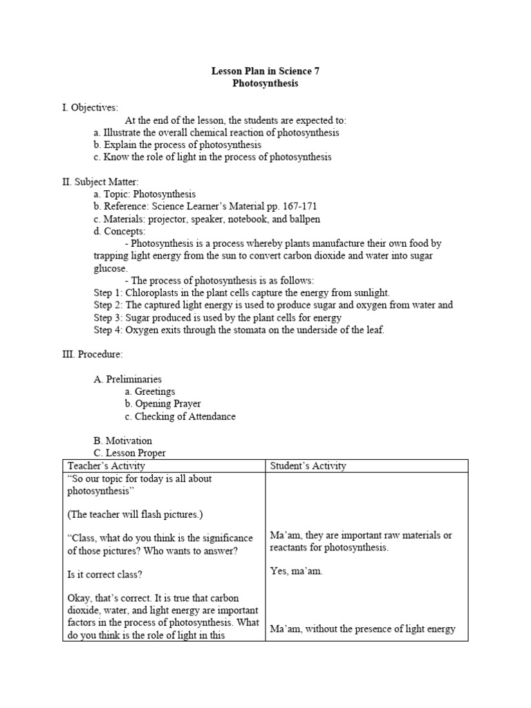 Lesson Plan in Science7-Photosynthesis | PDF | Photosynthesis ...