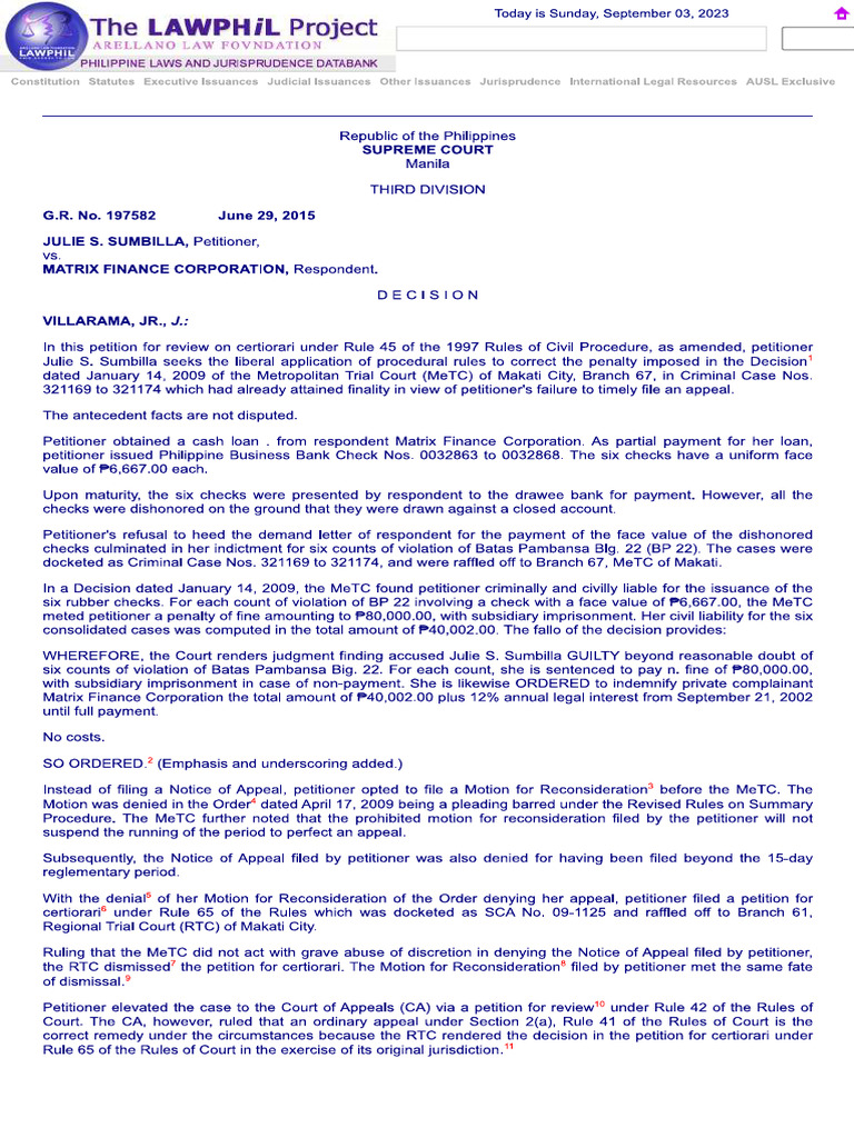Sumbilla v. Matrix Finance, C R. No. 197582, June 29 | PDF