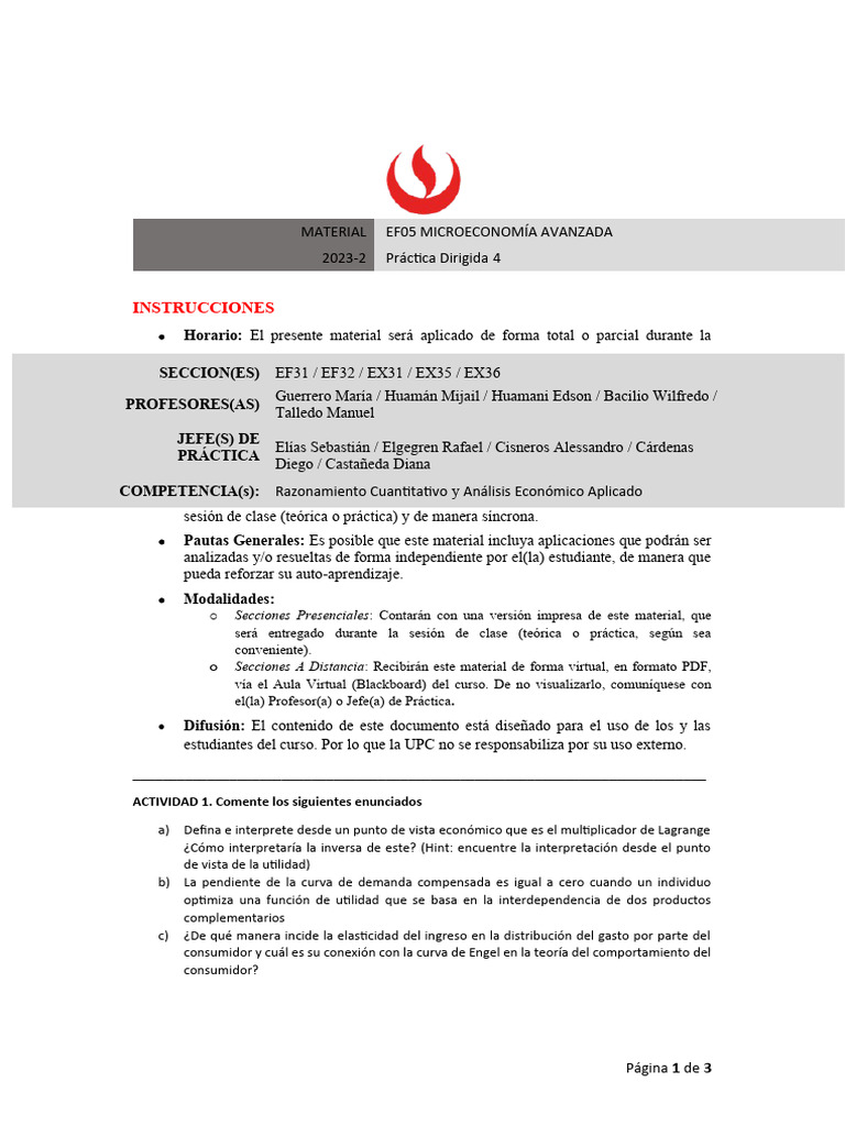 PD4 Microeconomía Avanzada 2023-02 | PDF | Elasticidad (economía) | Curva de demanda
