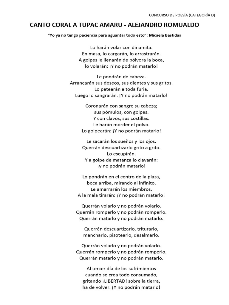 Concurso de Poesia Categoria D - Poema Canto Coral A Tupac Amaru | PDF