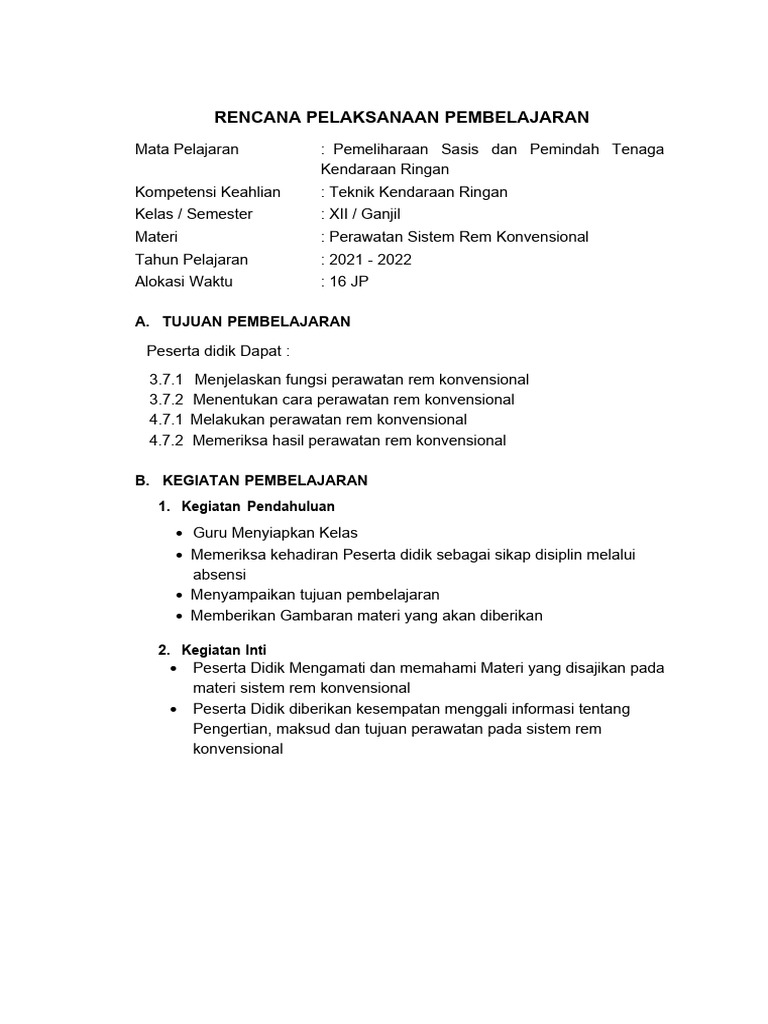 RPP Sistem Rem Konvensional | PDF