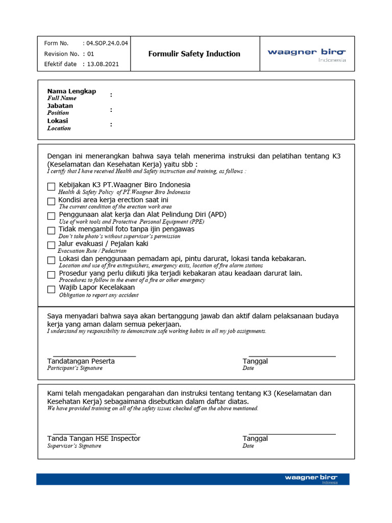 Lampiran 19 Formulir Safety Induction | PDF | Bisnis | Komputer
