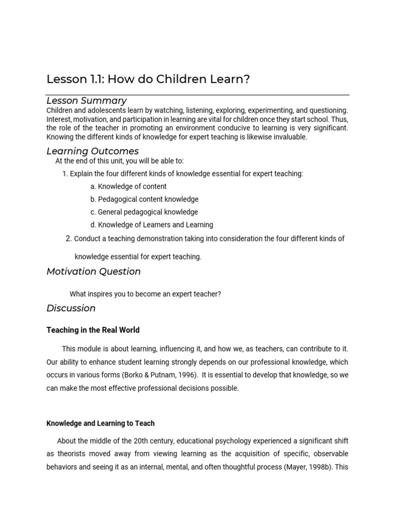 EDUC 202 Lesson 1.1 | Download Free PDF | Learning | Knowledge