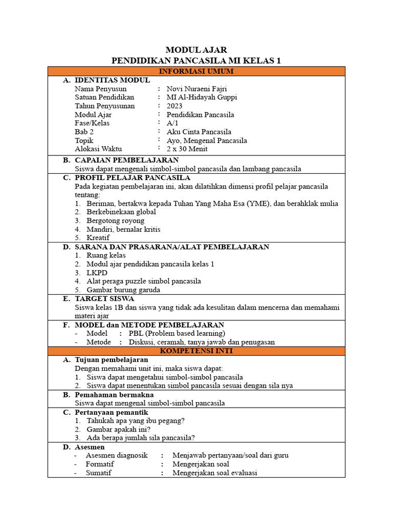 MODUL AJAR PENDIDIKAN PANCASILA KELAS 1 FIKS | PDF