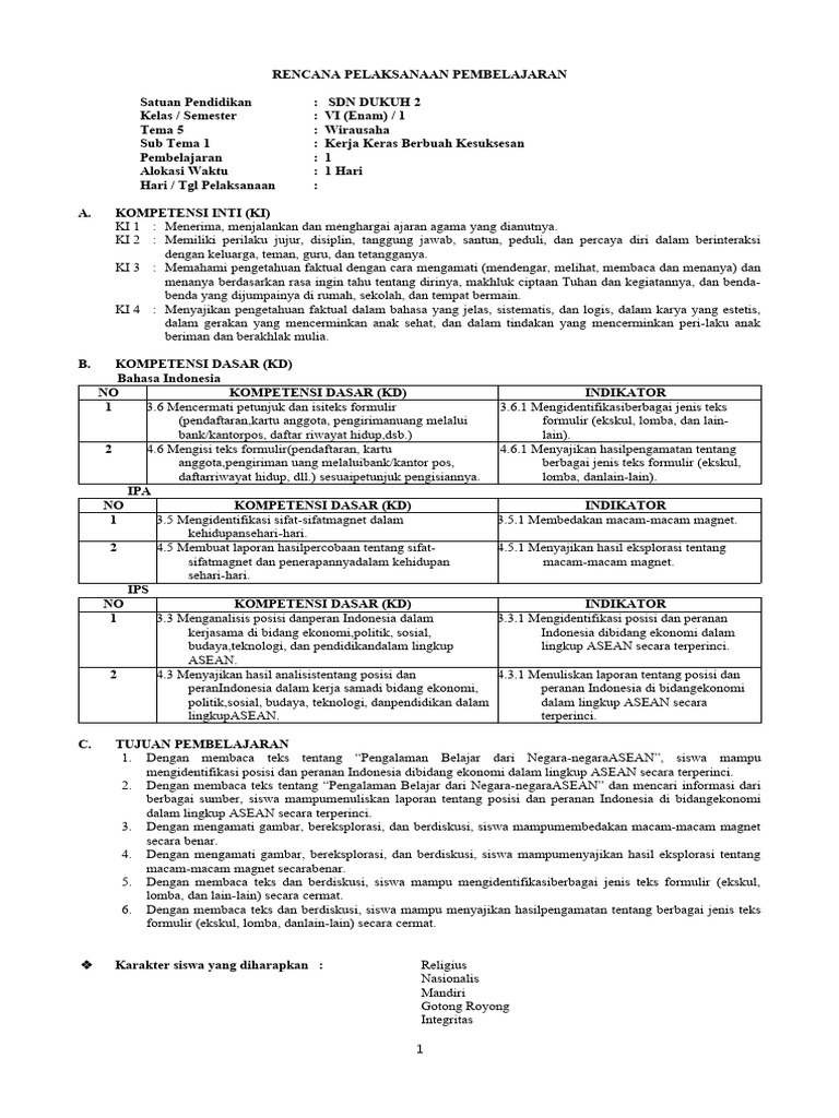 RPP Tema 5 Kelas 6 | PDF | Sains & Matematika