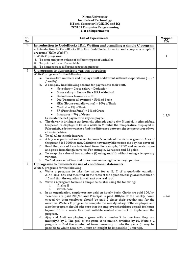 2CS101 Detailed List of Practicals | PDF | Mathematics | Computer Programming