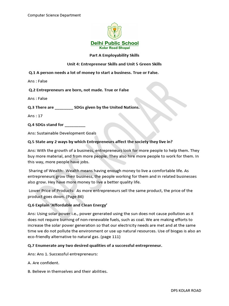 Employability Skills Notes | PDF | Sustainability | Entrepreneurship