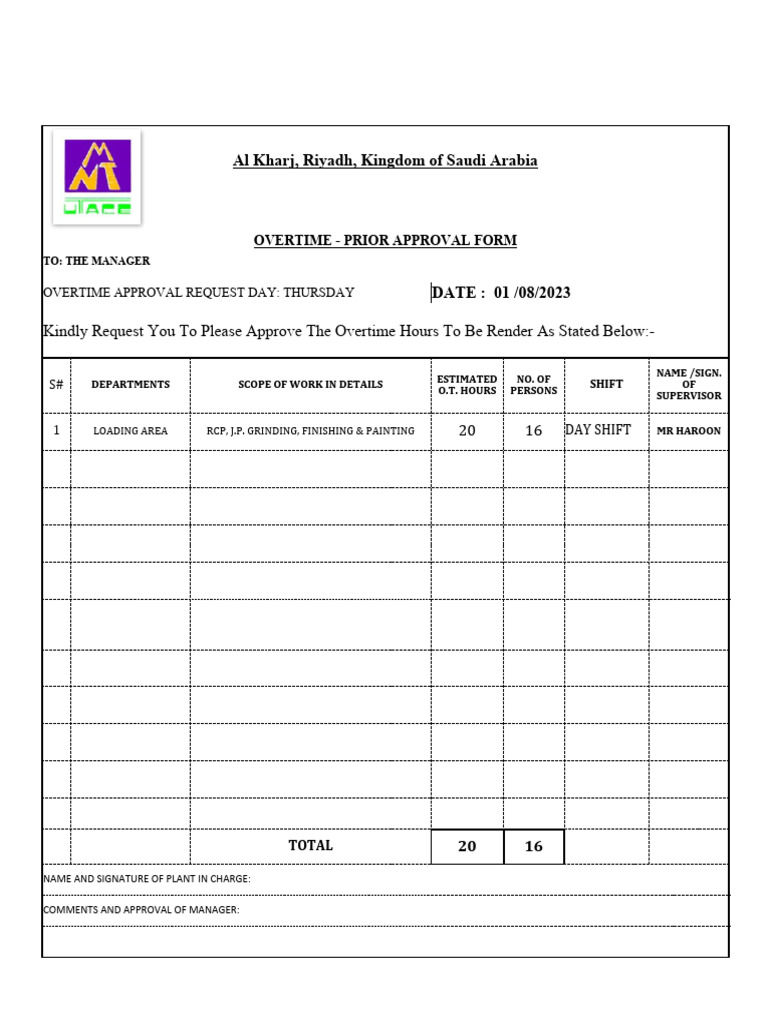 Overtime Request Form | PDF Overtime Request Form | PDF