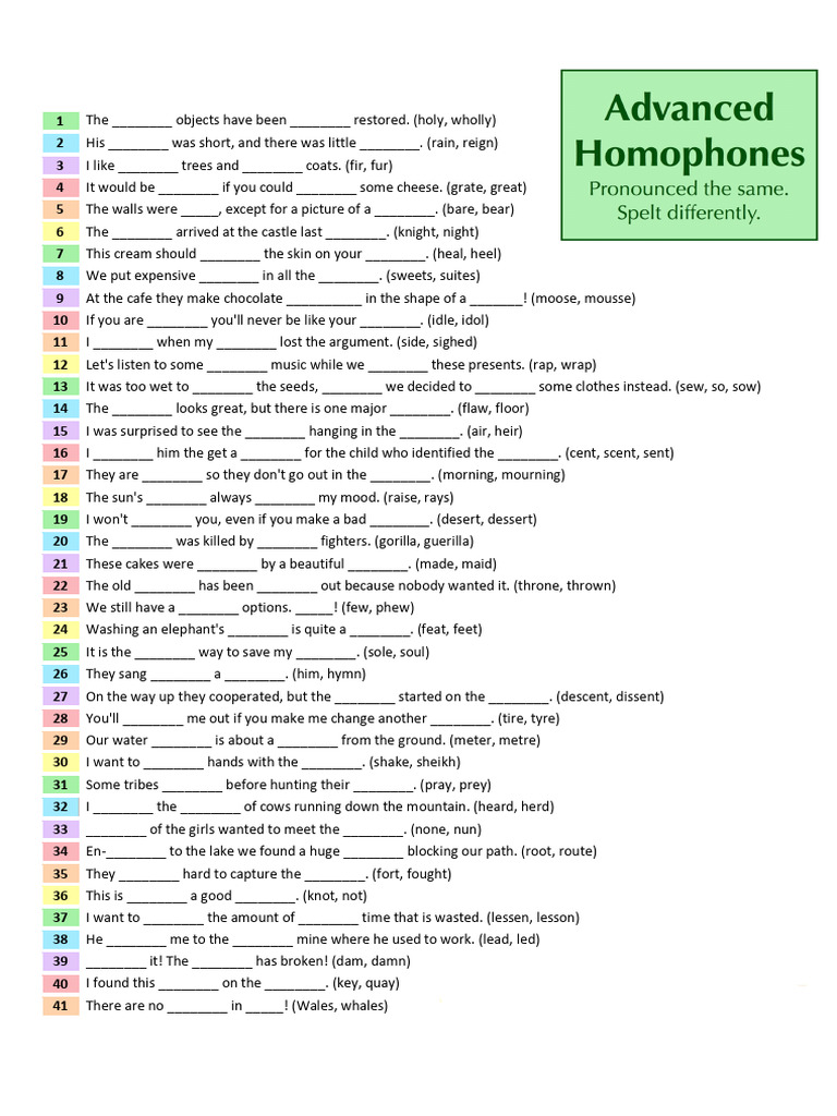Advanced Homophones | PDF | Teaching Methods & Materials