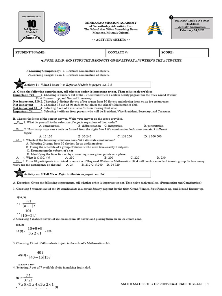 Grade 10 Math Activity Sheet | PDF | Probability | Mathematics