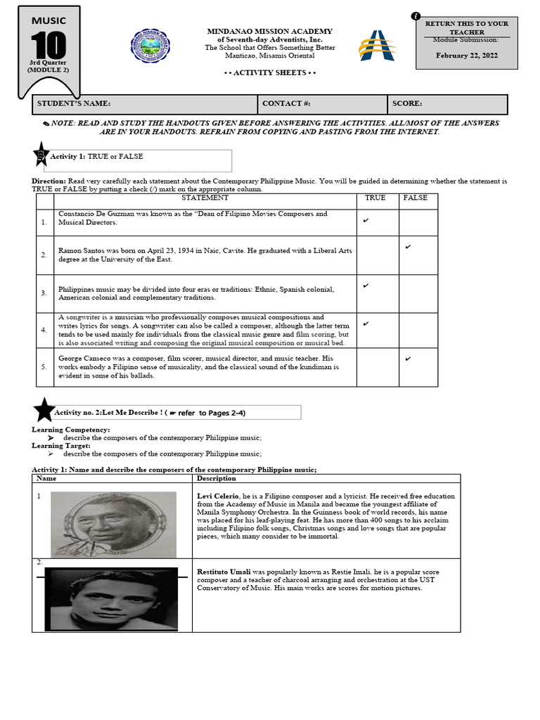 MUSIC10Q3M2 Activity Sheets | PDF | Singing | Songs