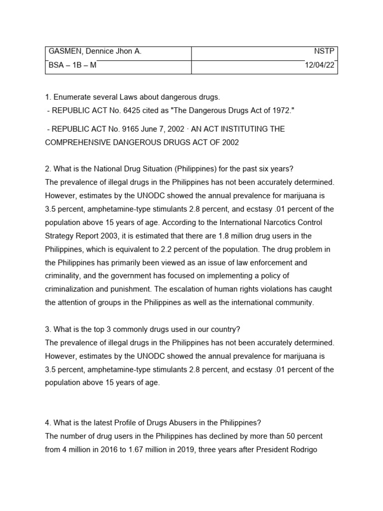 120422nstp Dangerous Drugs Gasmen (Acitivity 5 w8 Word) | PDF | Substance Abuse | Rodrigo Duterte