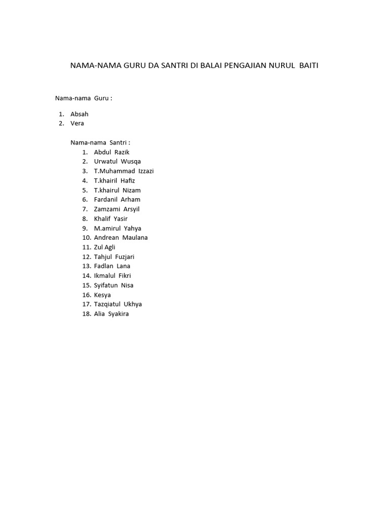 Nama Guru Dan Santri Di Nurul Baiti | PDF