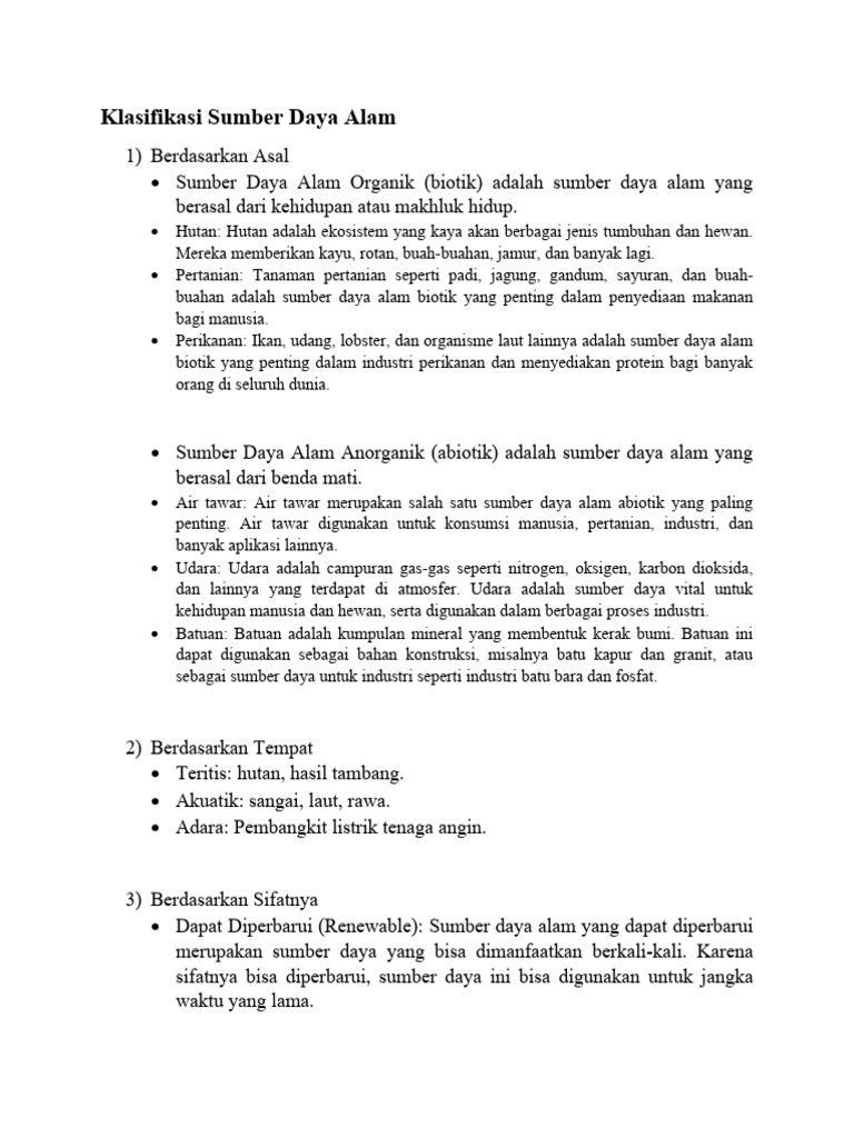 Klasifikasi Sumber Daya Alam | PDF