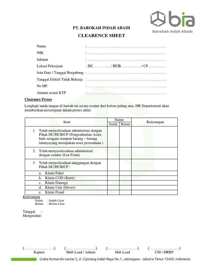 Clearance Sheet BIA | PDF | Pengelolaan Keuangan & Uang | Teknologi & Rekayasa
