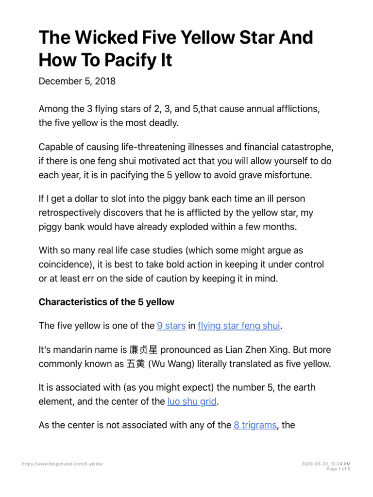 The Wicked Five Yellow Star and How To Pacify It FengShuied | PDF ...