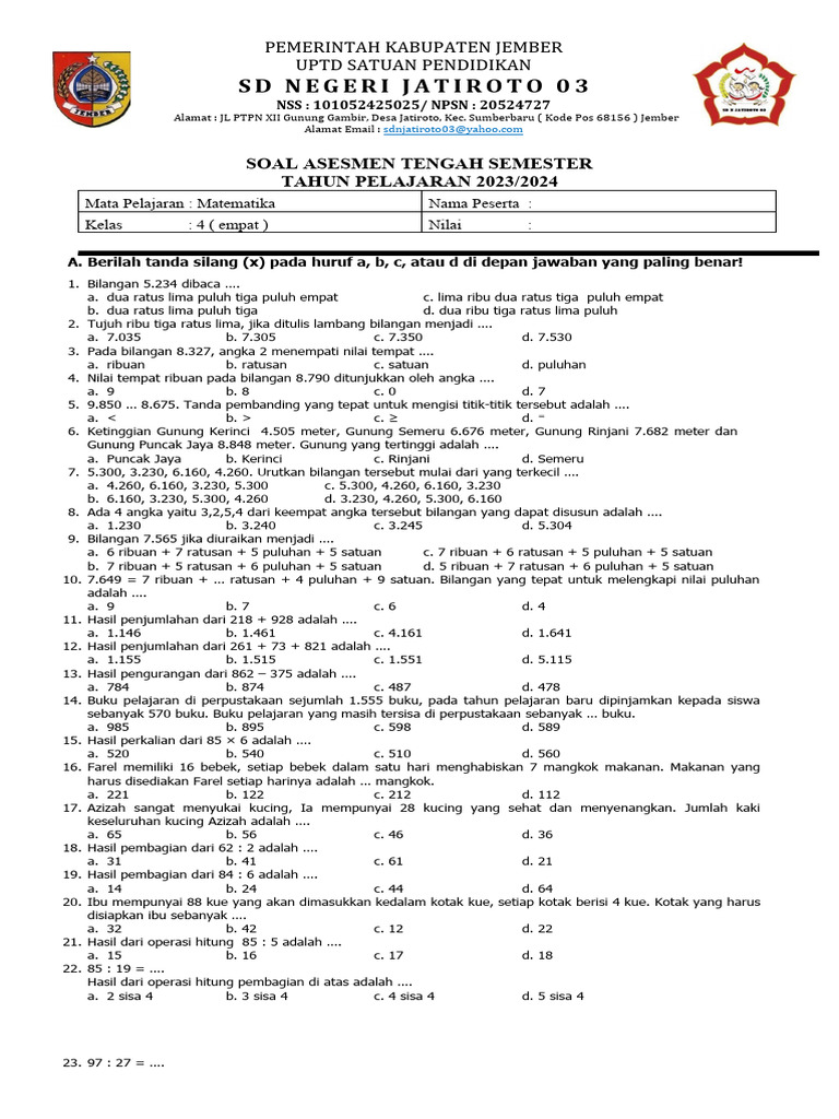 Soal Sumatif Tengah Semester I MATEMATIKA 2023-2024 | PDF