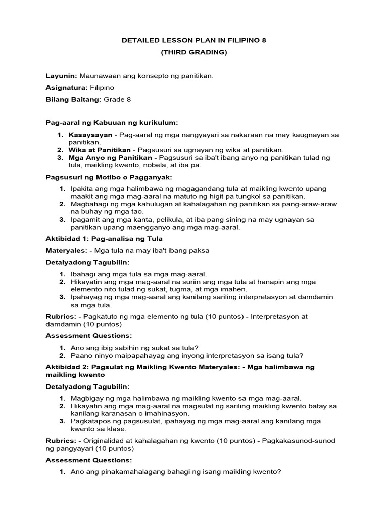 Detailed Lesson Plan in Filipino 8 | PDF