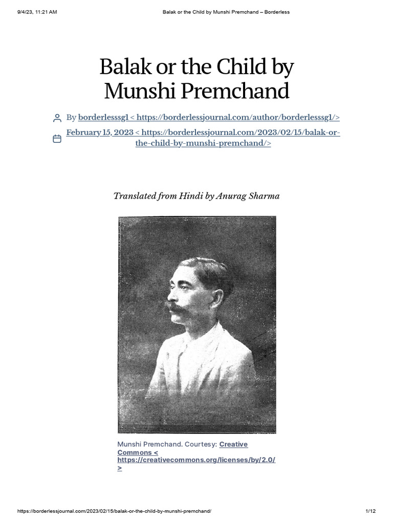 Balak or The Child by Munshi Premchand - Borderless | PDF