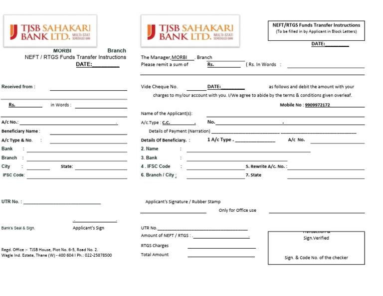 TJSB Neft RTGS Form | PDF | Banking | Services (Economics)