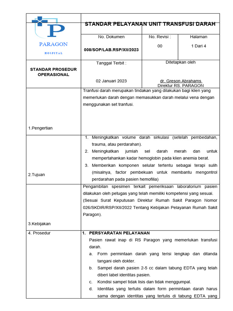 Sop Lab Standar Pelayanan Unit Transfusi Darah | PDF