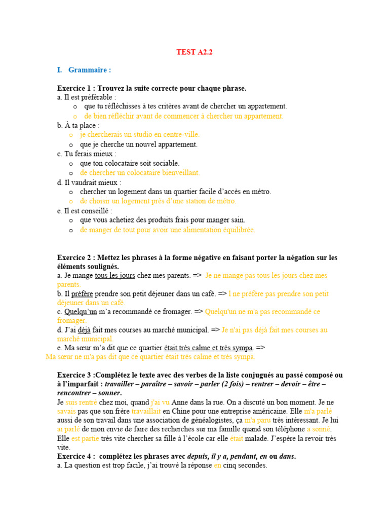 Exercices de Grammaire et Vocabulaire A2.2 | PDF | Linguistique