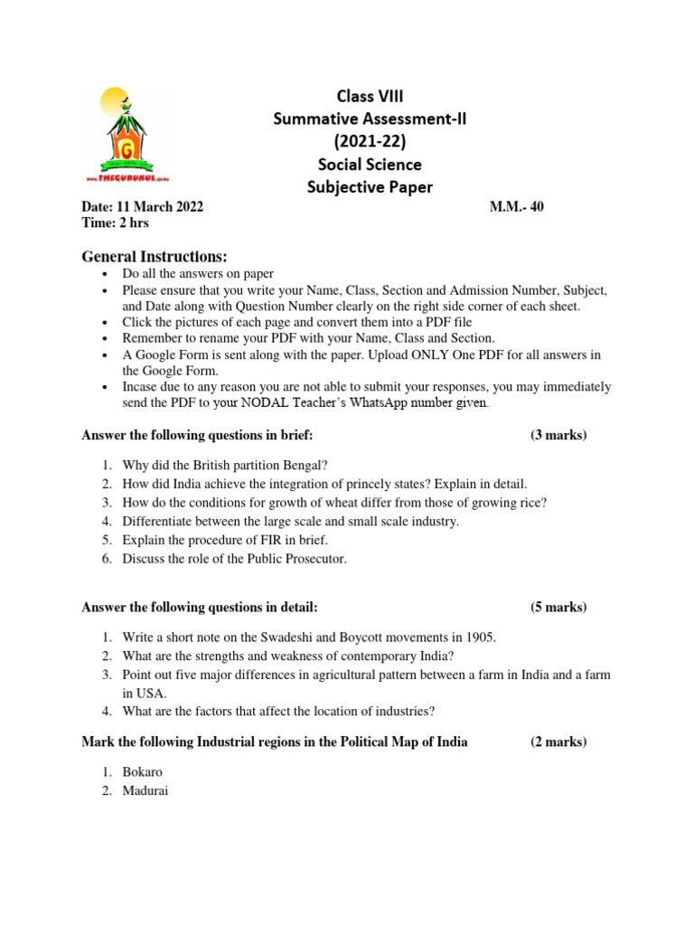 Class VIII Social Science Exam 2022 | PDF