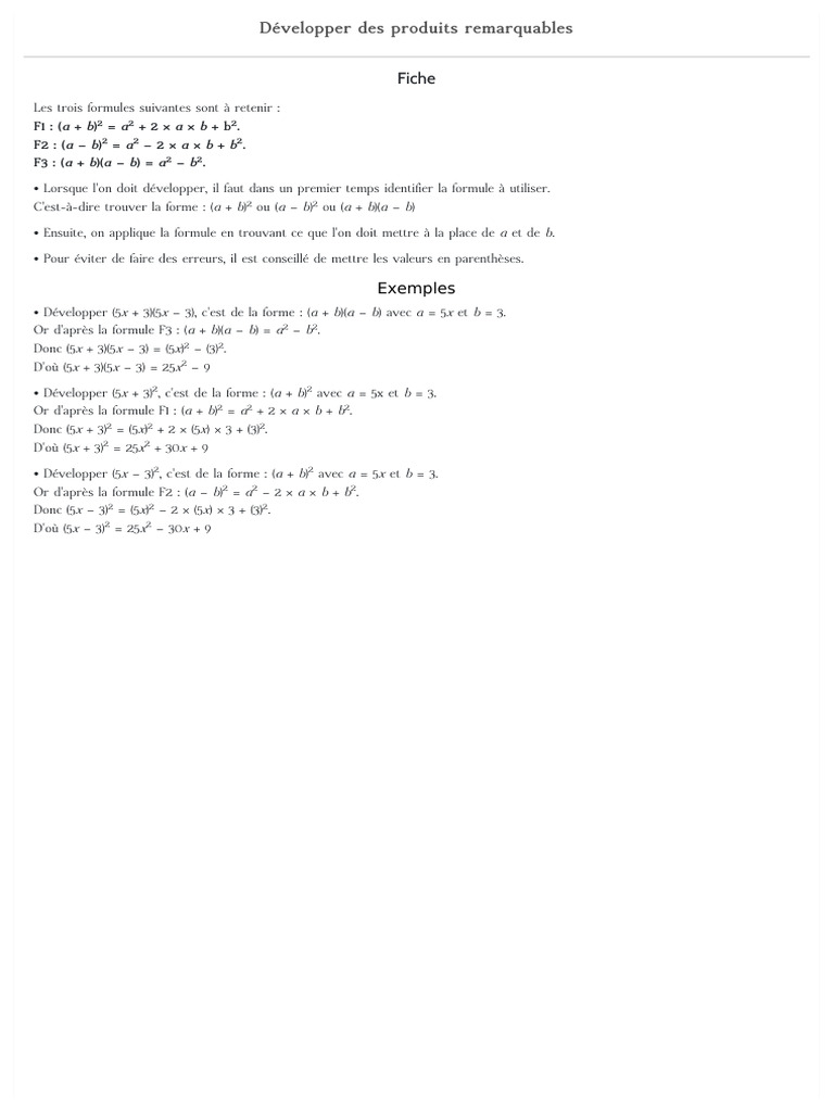 MATH 3e Maths Developper Des Produits Remarquables | PDF