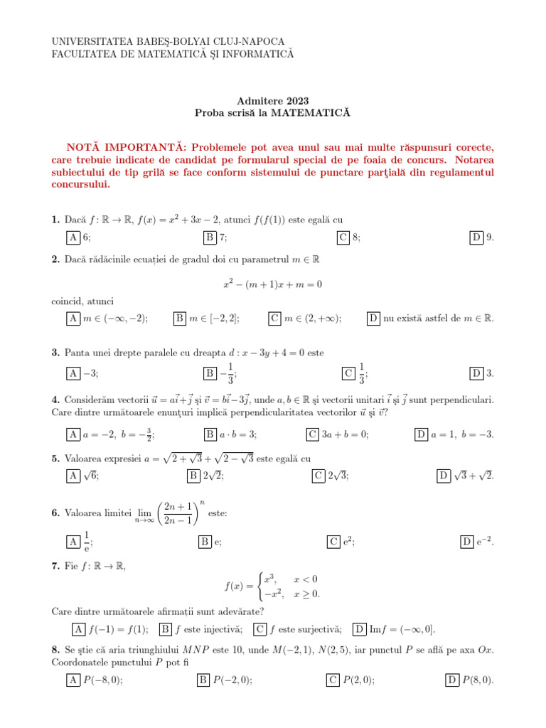 Mate - Info.Ro.5556 ADMITERE 2023 UBB - Facultatea de Matematica Si Informatica | PDF