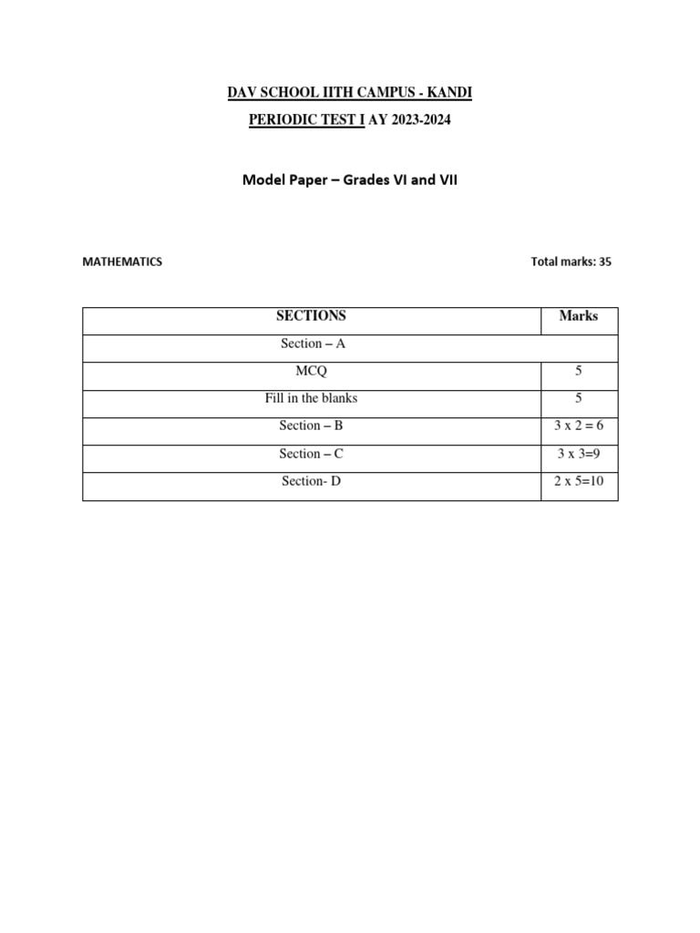 Math Model Paper - Grades 6,7 | PDF
