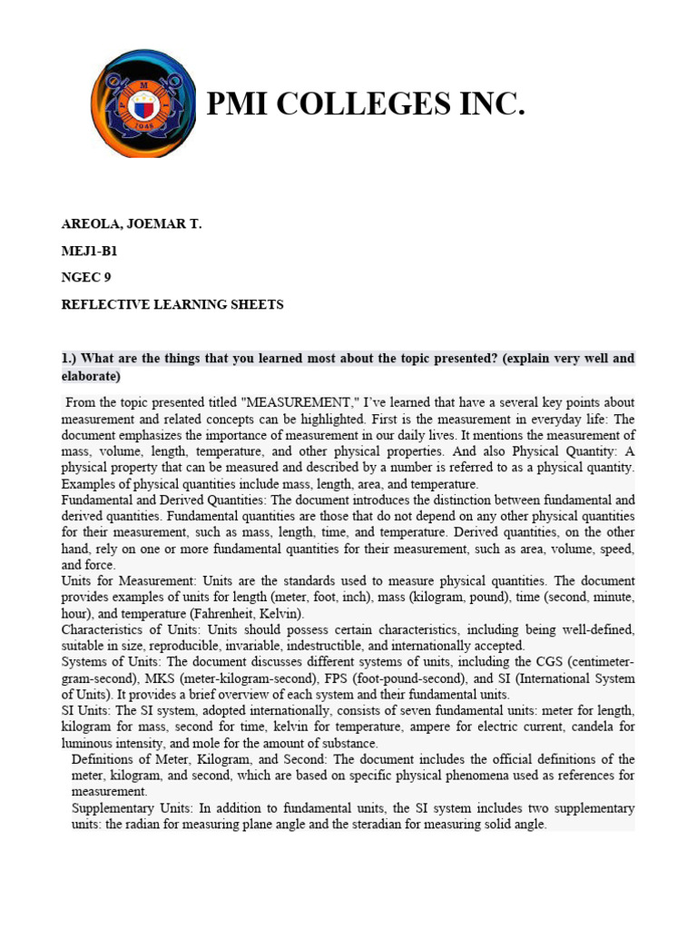 Ngec 9 Reflective | PDF | International System Of Units | Measurement