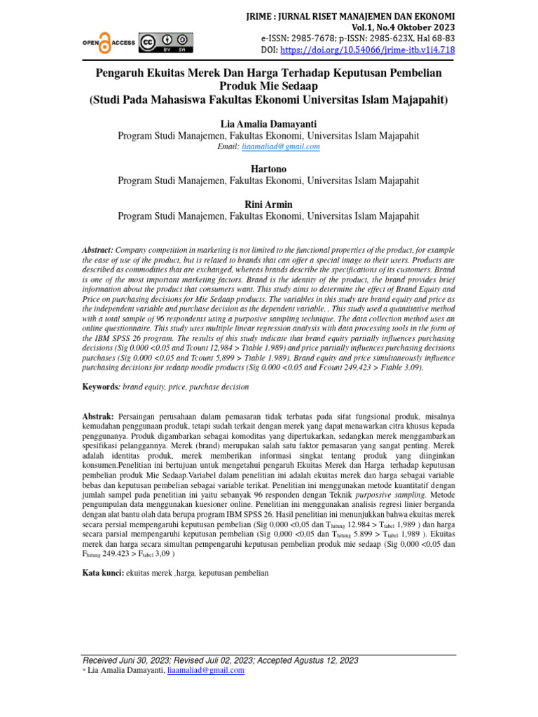 Pengaruh Ekuitas Merek Dan Harga Terhadap Keputusan Pembelian Produk Mie Sedaap (Studi Pada ...