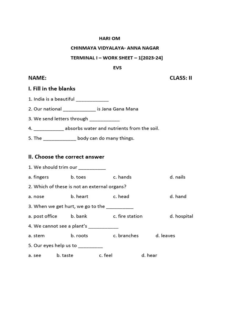 Class 2 EVS Worksheets 2023-24 | PDF | Flowers | Plants