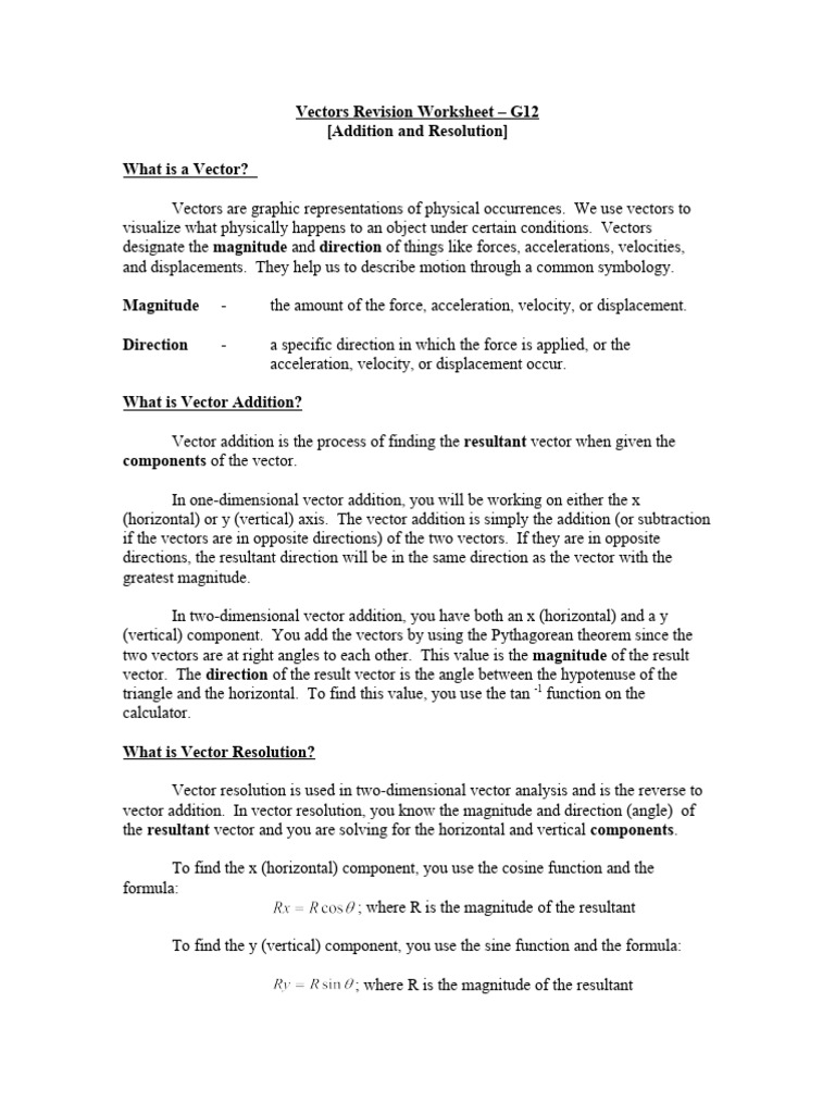 Vector Revision Worksheet G12 | PDF | Euclidean Vector | Force