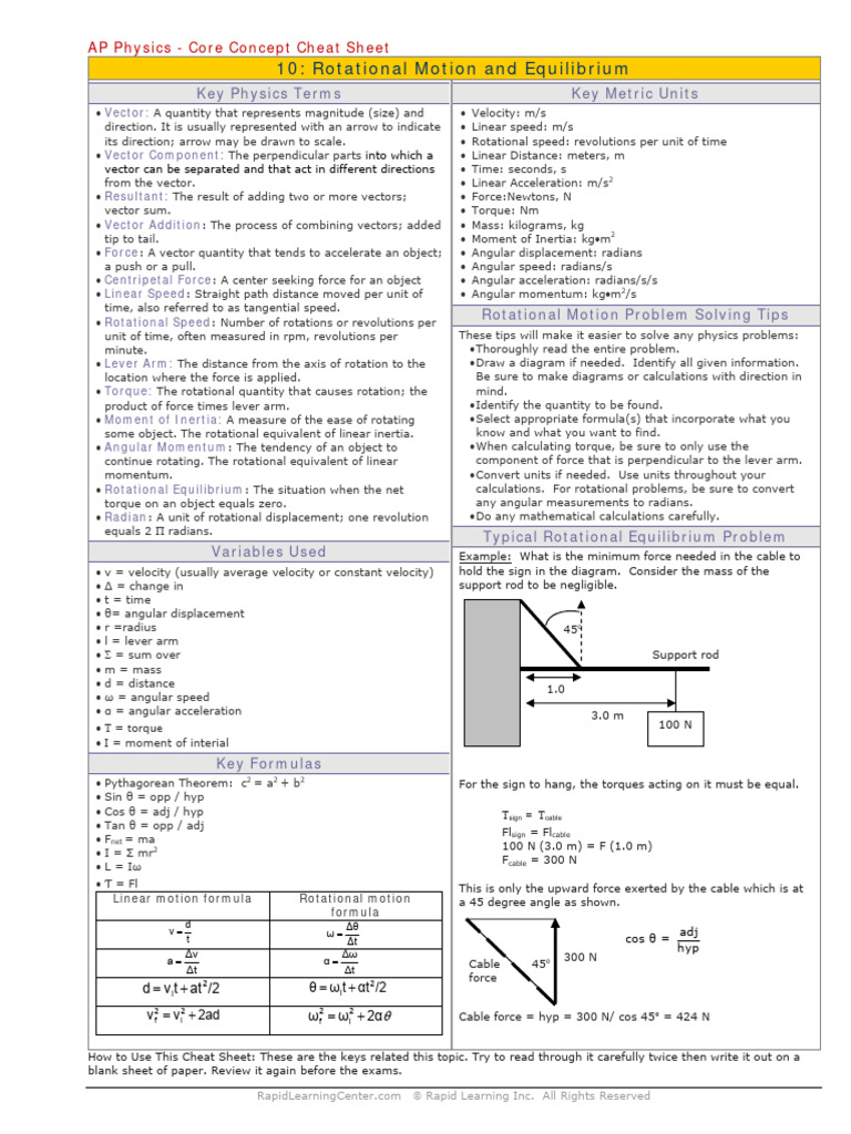 Rotational Motion Concepts and Formulas | PDF | Torque | Rotation ...