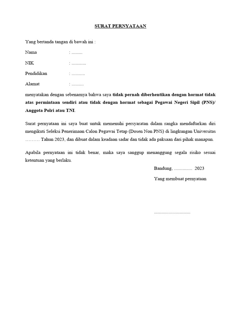 Contoh Surat Pernyataan Tidak Pernah Diberhentikan | PDF